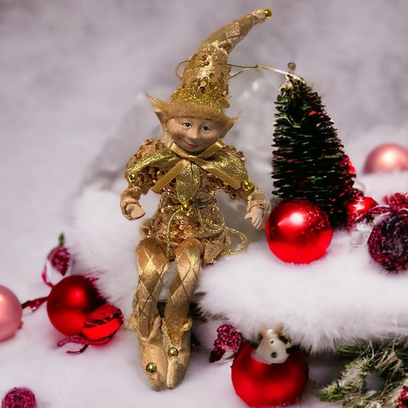 Holiday | Christmas Hard Ceramic Elf Musical Bendable Moves Velvet Gold ...